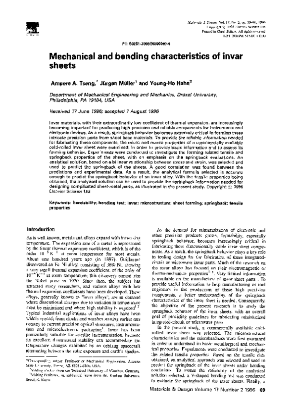(PDF) Mechanical and bending characteristics of invar sheets