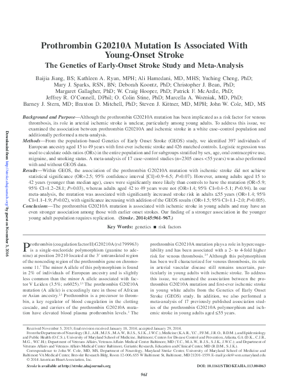 (PDF) Prothrombin G20210A Mutation Is Associated With Young-Onset ...