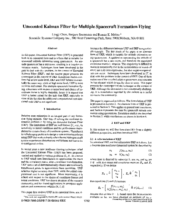 (PDF) Unscented kalman filter for multiple spacecraft formation flying ...