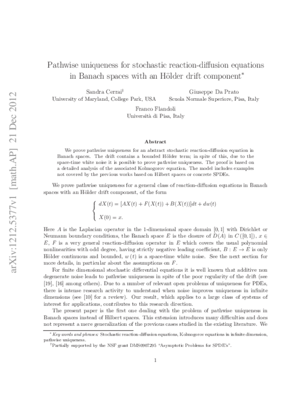 Pdf Pathwise Uniqueness For Stochastic Reaction Diffusion Equations