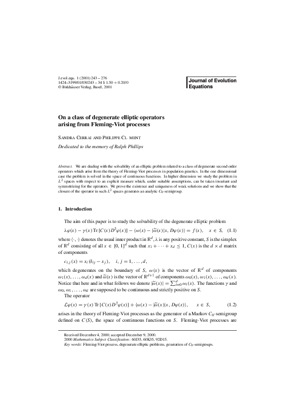 Pdf On A Class Of Degenerate Elliptic Operators Arising From Fleming