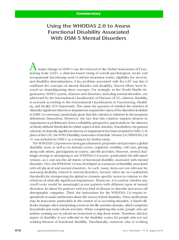 (PDF) Using the WHODAS 2.0 to assess functional disability associated ...