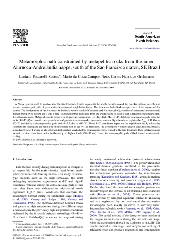 (PDF) Metamorphic path constrained by metapelitic rocks from the inner ...