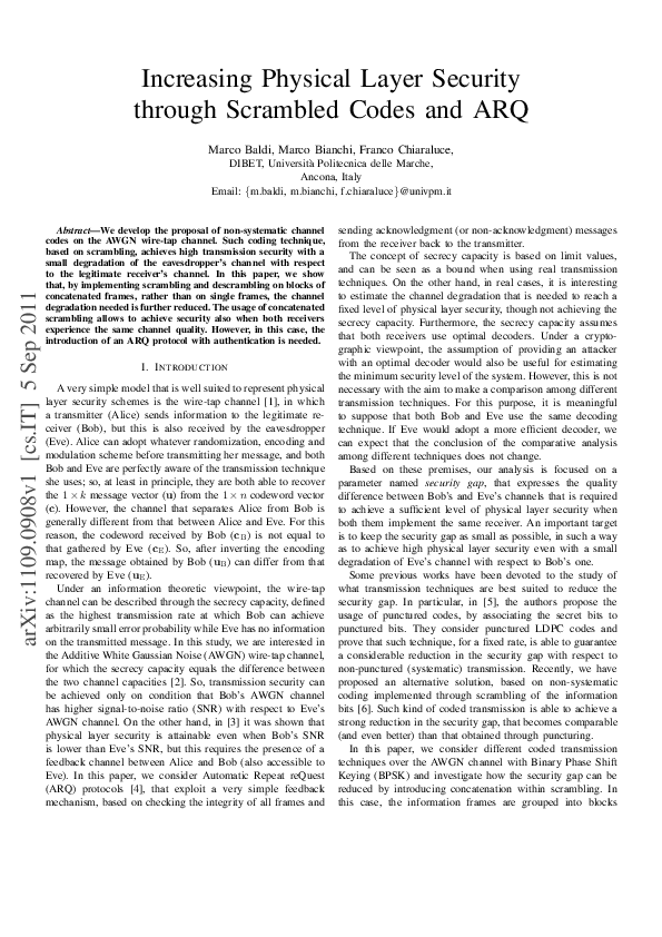 (PDF) Increasing physical layer security through scrambled codes and ARQ