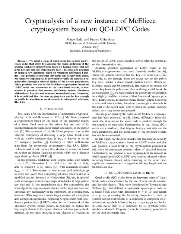 (PDF) Cryptanalysis of a new instance of McEliece crypto system based on QC-LDPC codes