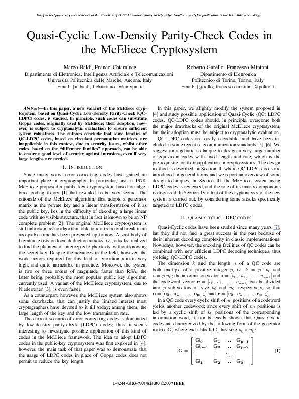 Pdf Quasi Cyclic Low Density Parity Check Codes In The Mceliece Cryptosystem