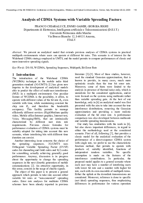 (PDF) Analysis of CDMA systems with variable spreading factors