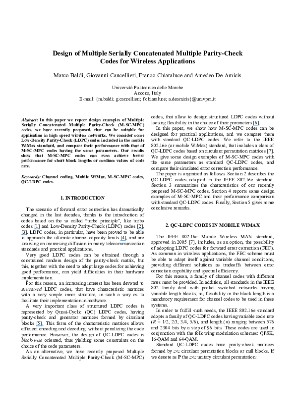 (PDF) Design of multiple serially concatenated multiple parity-check codes for wireless applications