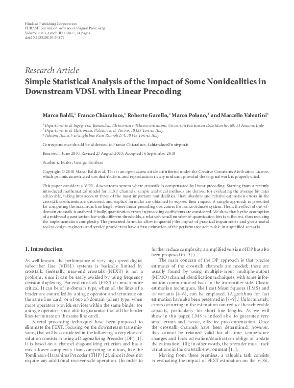 (PDF) Simple Statistical Analysis of the Impact of Some Nonidealities in Downstream VDSL with ...