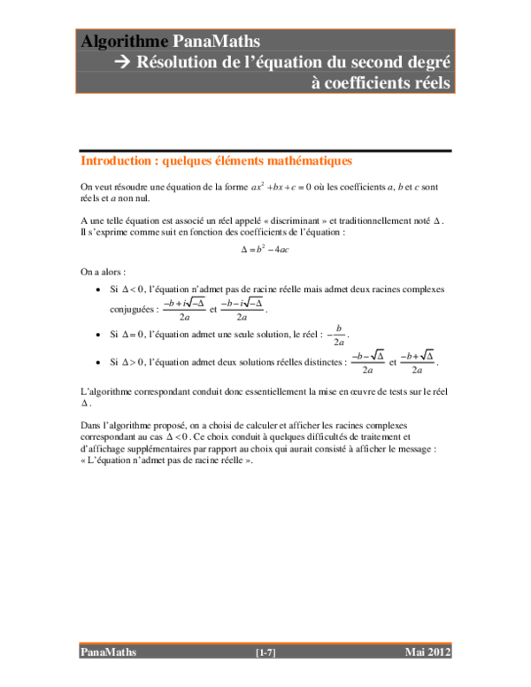 (PDF) Algorithme PanaMaths Résolution de l'équation du second degré à coefficients réels ...
