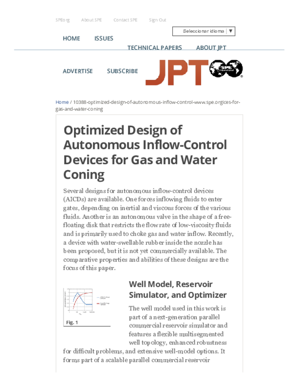 (PDF) Optimized Design of Autonomous Inflow-Control Devices for Gas and Water Coning