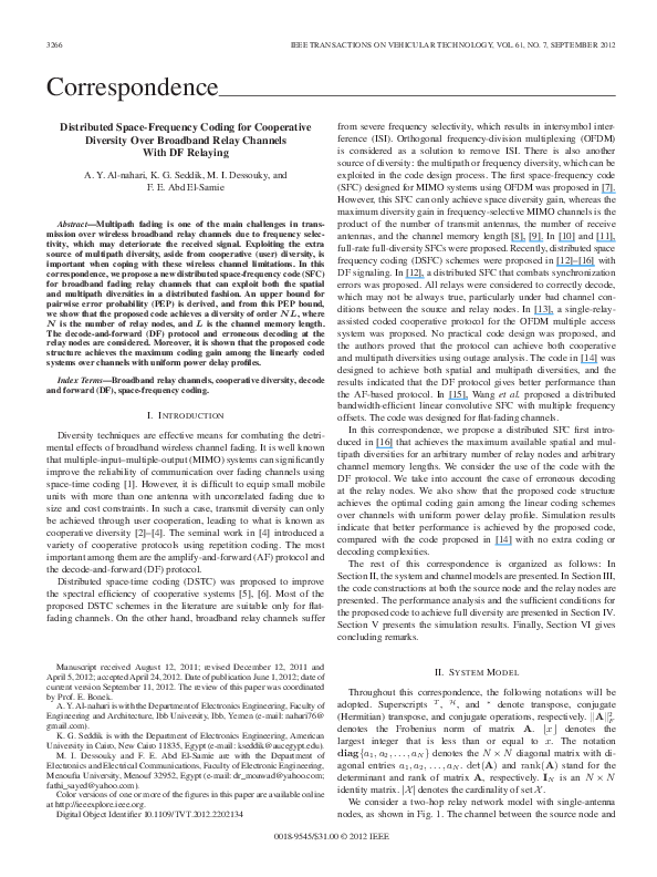 Pdf Distributed Space Frequency Coding For Cooperative Diversity Over
