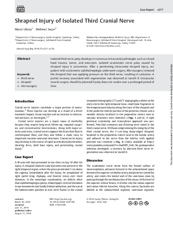 (PDF) Shrapnel Injury of Isolated Third Cranial Nerve