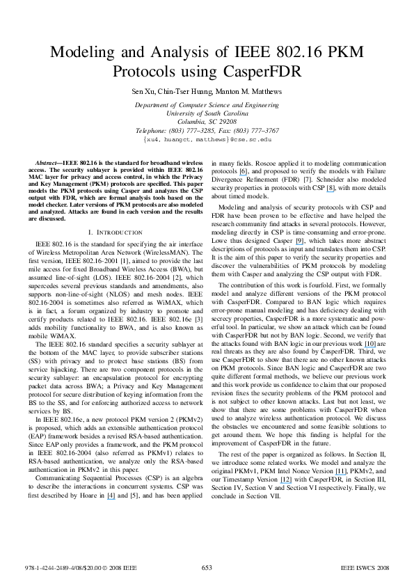 (PDF) Modeling and analysis of IEEE 802.16 PKM Protocols using CasperFDR