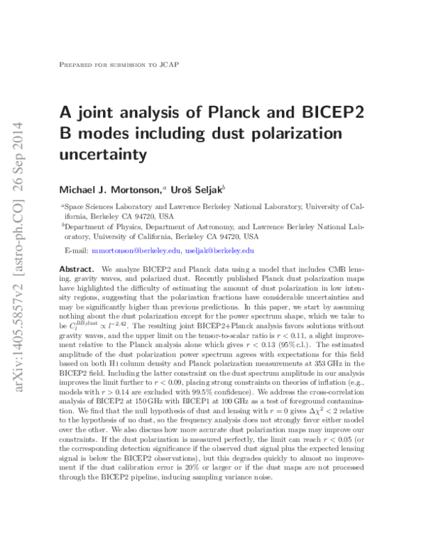 (PDF) A joint analysis of Planck and BICEP2 B modes including dust polarization uncertainty