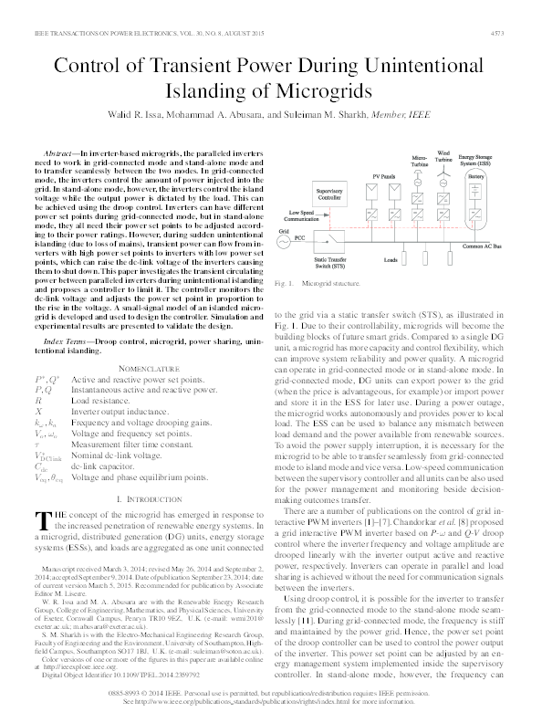 (PDF) Transient Power Control in Microgrid Islanding Operations