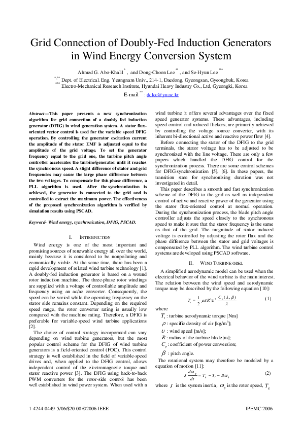 Pdf Grid Connection Of Doubly Fed Induction Generator Wind Turbines A Survey