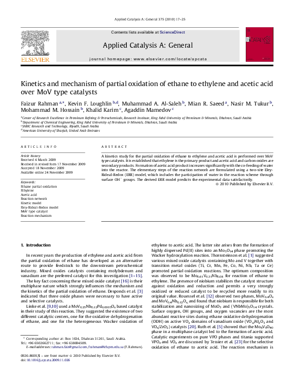 (PDF) Kinetics and mechanism of partial oxidation of ethane to ethylene ...