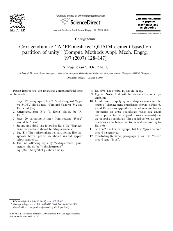Pdf Corrigendum To “a ‘fe Meshfree Quad4 Element Based On Partition Of Unity 8176