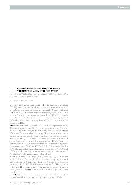 (PDF) Risk of seroconversion estimated from a percutaneous injury ...