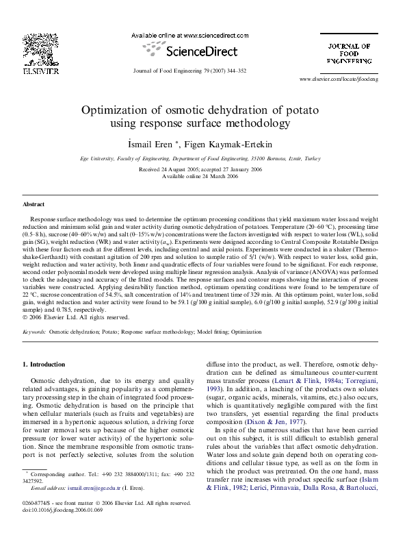 (PDF) Optimization of osmotic dehydration of potato using response surface methodology