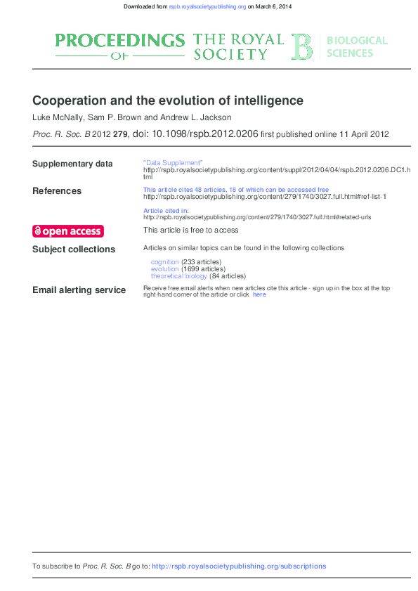 (PDF) Cooperation and the evolution of intelligence