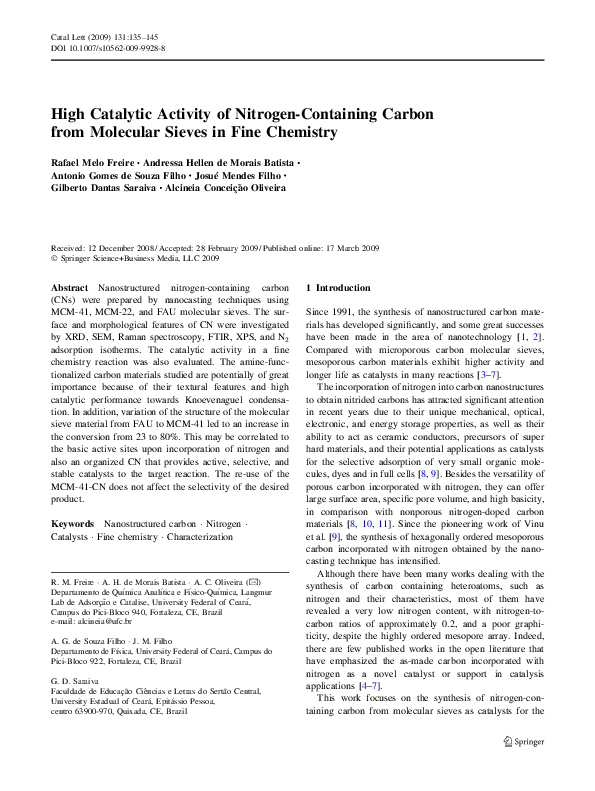 (PDF) High Catalytic Activity of Nitrogen-Containing Carbon from ...