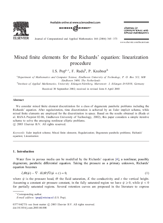 (PDF) Mixed finite elements for the Richards’ equation: linearization procedure