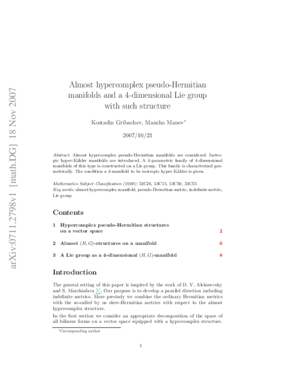 Pdf Almost Hypercomplex Pseudo Hermitian Manifolds And A 4 Dimensional Lie Group With Such