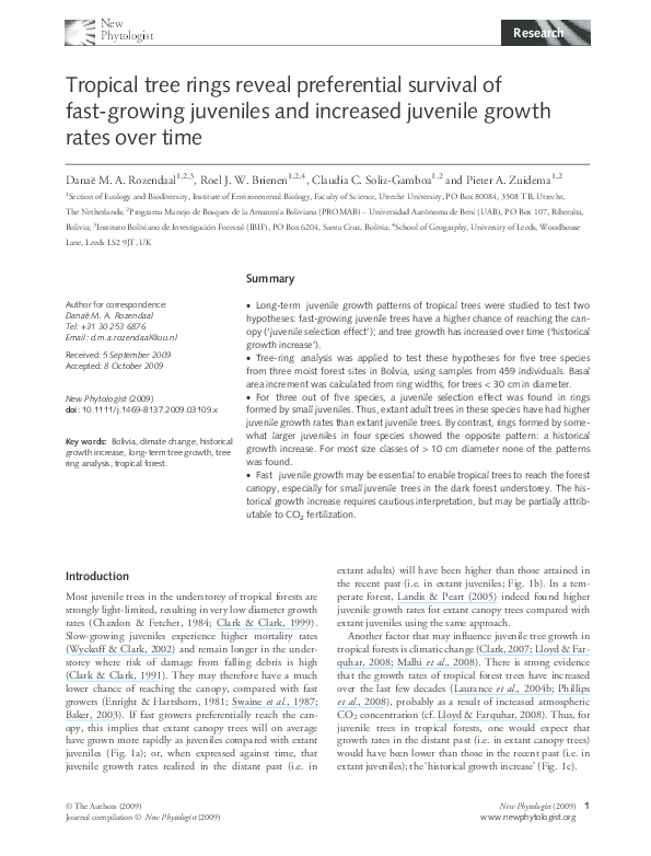 (PDF) Tropical tree rings reveal preferential survival of fast-growing ...