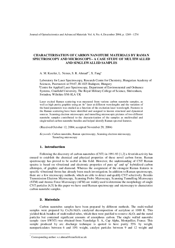 (PDF) CHARACTERISATION OF CARBON NANOTUBE MATERIALS BY RAMAN ...