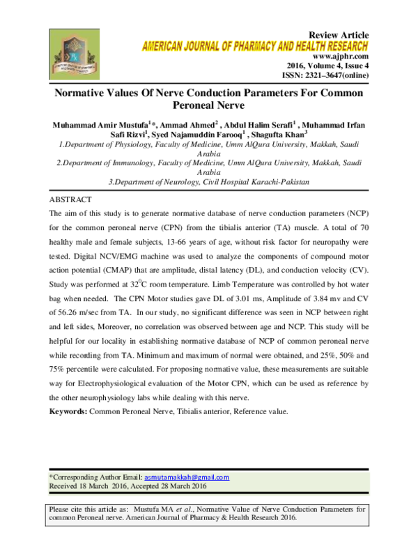 (PDF) Normative Values Of Nerve Conduction Parameters For Common ...