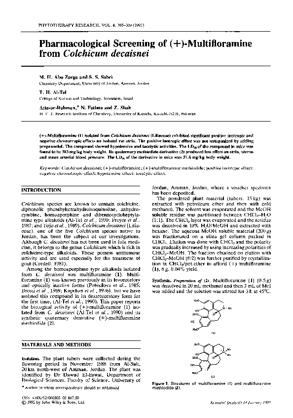 (PDF) Pharmacological screening of (+)-Multifloramine fromColchicum ...