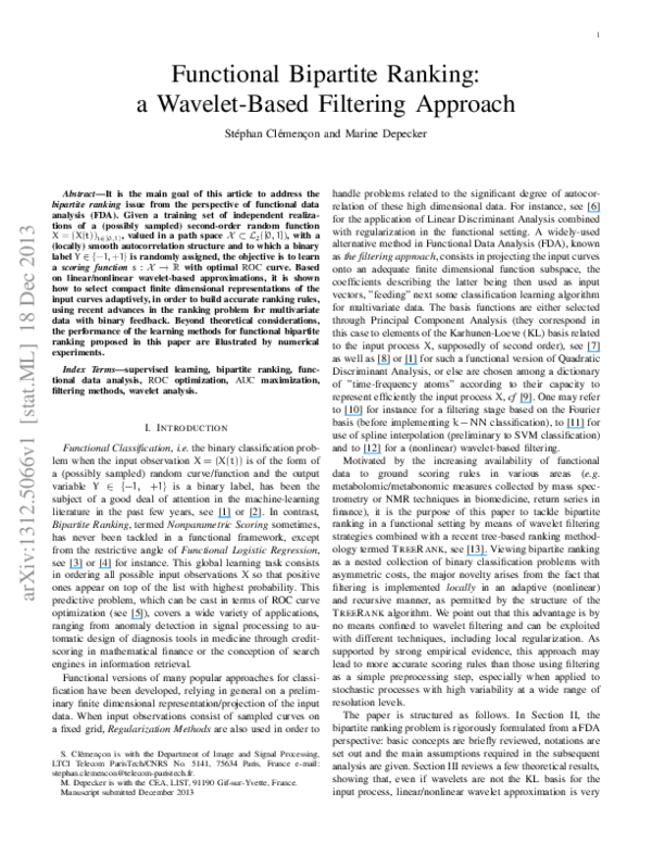 Pdf A Wavelet Based Filtering Approach To Functional Bipartite Ranking