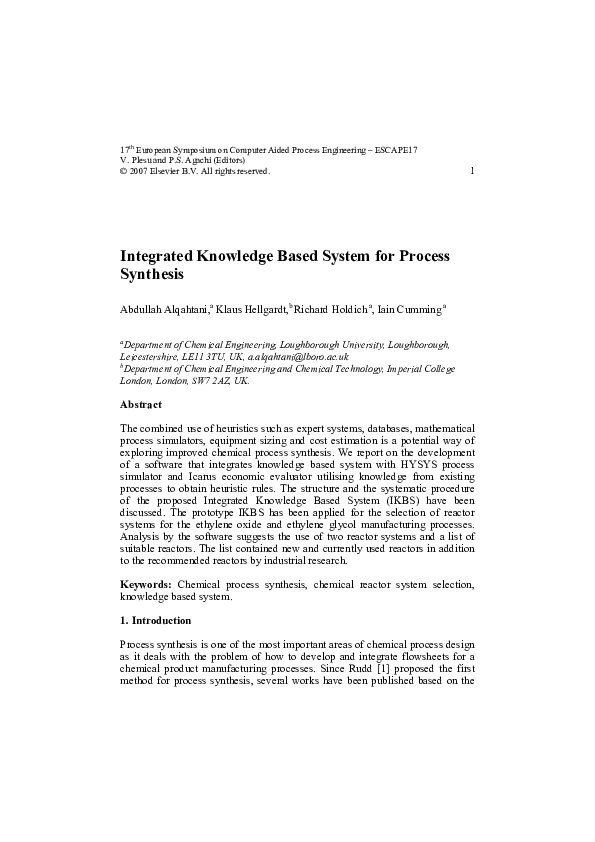 (PDF) Integrated knowledge based system for process synthesis
