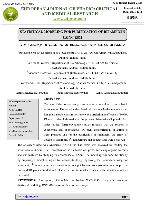 (PDF) STATISTICAL MODELING FOR PURIFICATION OF RIFAMPICIN USING RSM ...