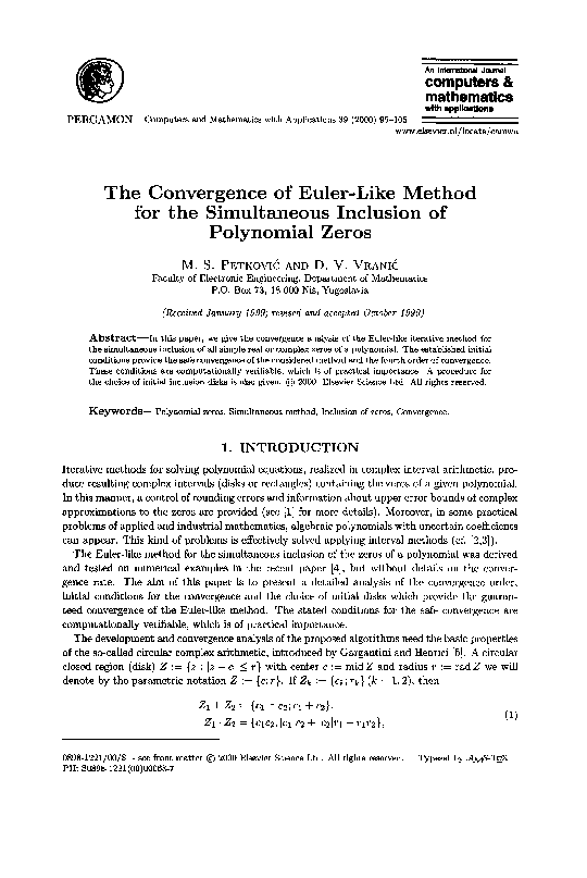 (PDF) The convergence of Euler-like method for the simultaneous inclusion of polynomial zeros