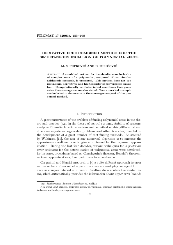 Pdf Derivative Free Method For The Simultaneous Inclusion Of Polynomial Zeros Miodrag S 