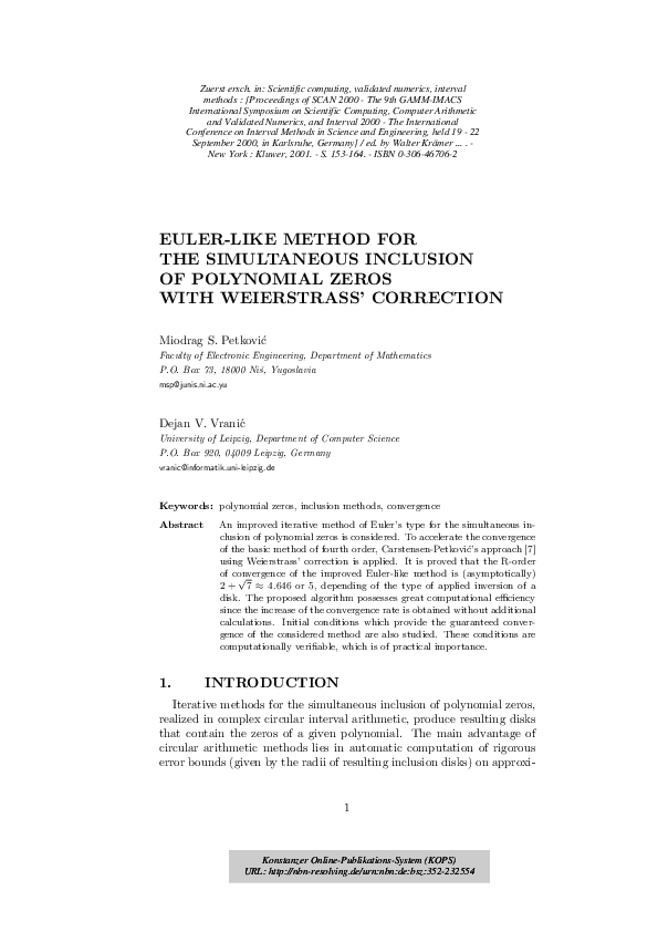 Pdf Euler Like Method For The Simultaneous Inclusion Of Polynomial