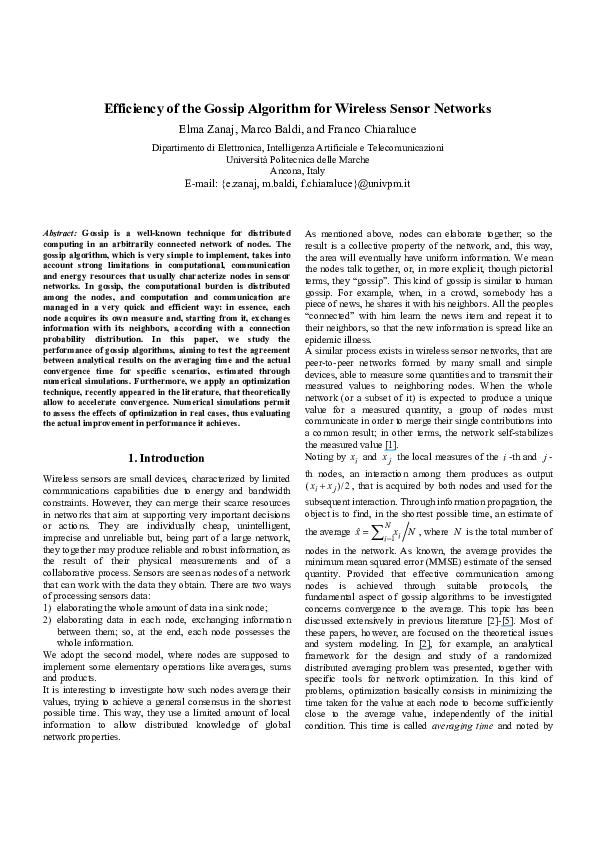 (PDF) Efficiency of the gossip algorithm for wireless sensor networks