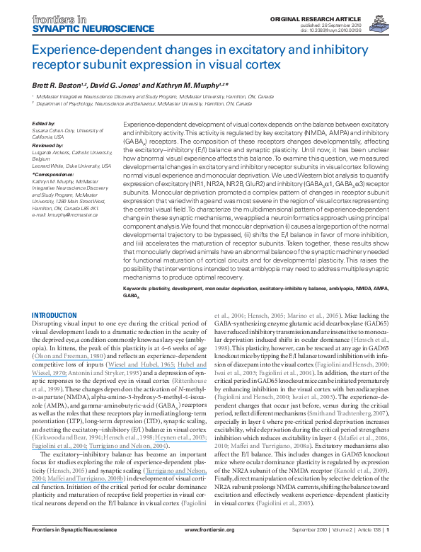 (PDF) Experience-dependent changes in excitatory and inhibitory receptor subunit expression in ...