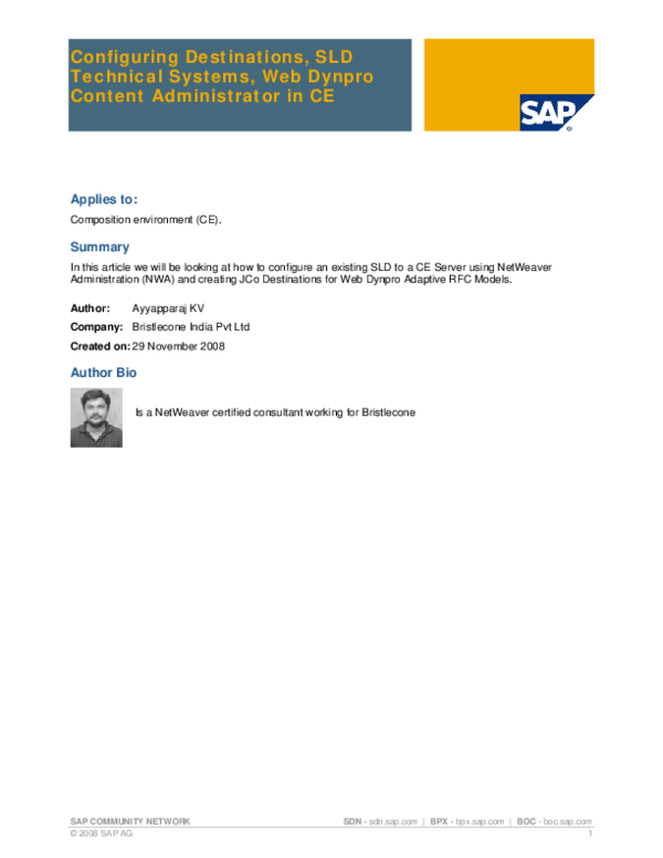 (PDF) Configuring Destinations, SLD Technical Systems, Web Dynpro Content Administrator in CE