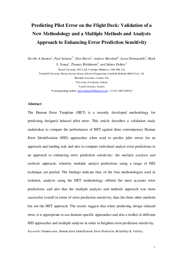 Pdf Predicting Pilot Error On The Flight Deck Validation Of A New