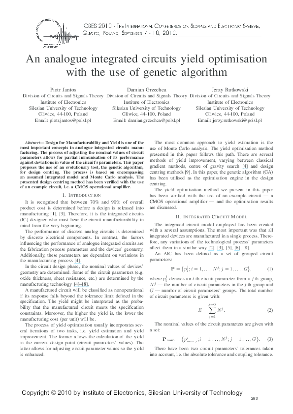 Pdf An Analogue Integrated Circuits Yield Optimisation With The Use Of Genetic Algorithm