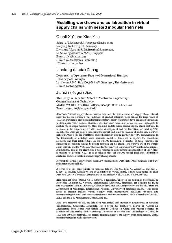 (PDF) Modelling workflows and collaboration in virtual supply chains with nested modular Petri nets