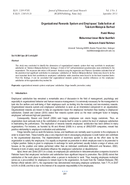 Pdf Organizational Rewards System And Employees Satisfaction At