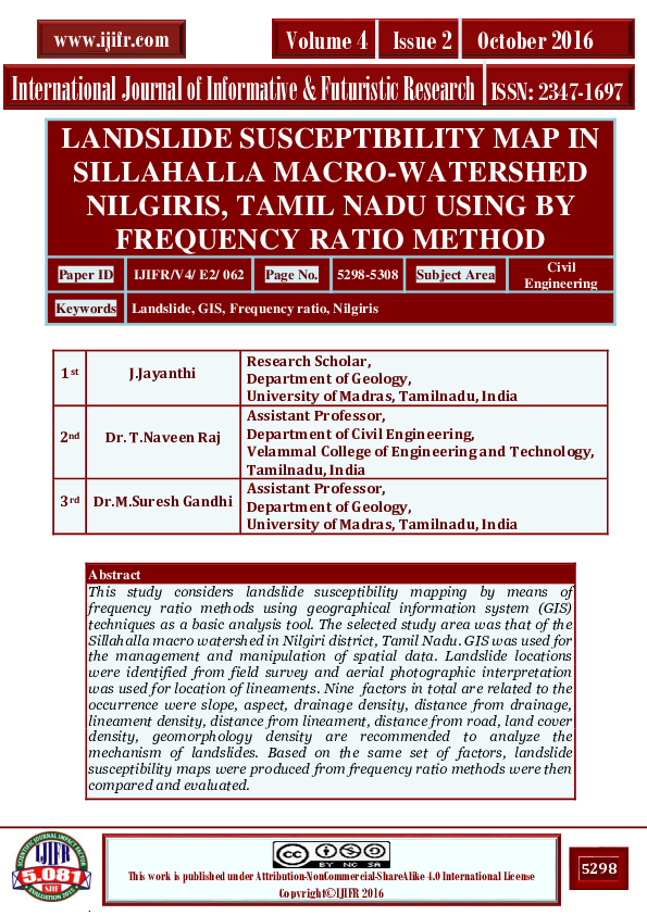 (PDF) LANDSLIDE SUSCEPTIBILITY MAP IN SILLAHALLA MACRO-WATERSHED NILGIRIS, TAMIL NADU USING BY ...
