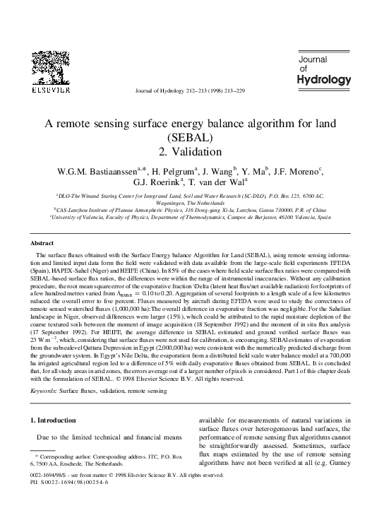 (PDF) A remote sensing surface energy balance algorithm for land (SEBAL