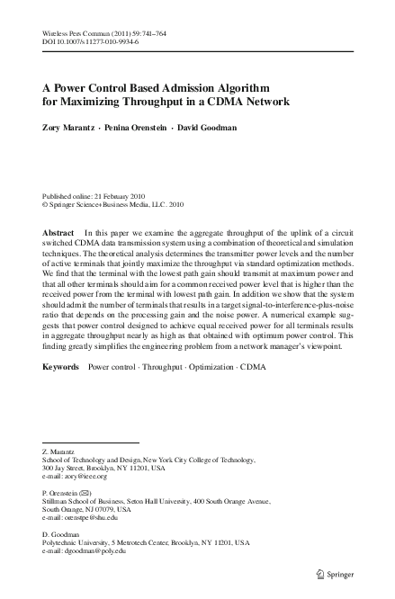 Pdf A Power Control Based Admission Algorithm For Maximizing