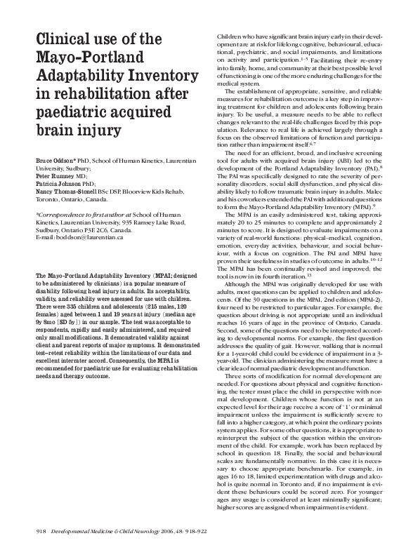 (PDF) Clinical use of the Mayo-Portland Adaptability Inventory in ...